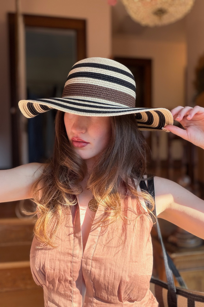 Neutral Striped Wide-Brim Floppy Hat | Leo & Ugo – The Dressing Room