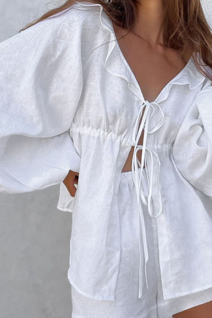 Flounce Puff Sleeves String Tie Top and Shorts Set – The Dressing Room