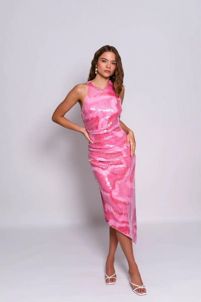Hutch Perla Pink Sequin Ruched Midi Dress – The Dressing Room
