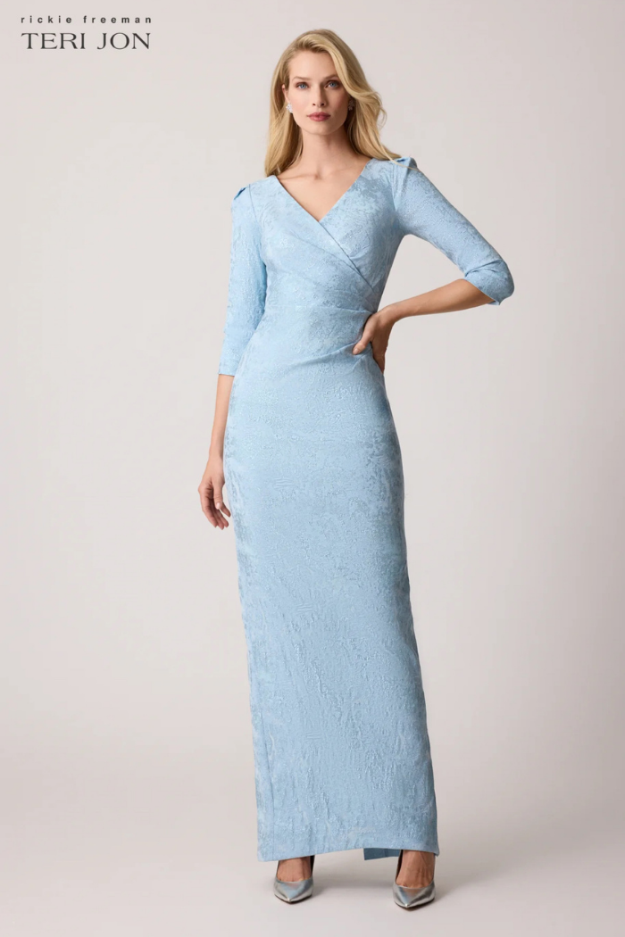 Stretch Jacquard V-Neck Ruched Gown | Teri Jon Evening Dress – The ...
